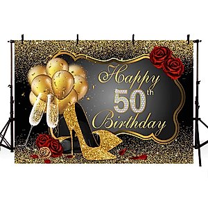MEHOFOTO Photo Background Shining Sequin Black Gold High Heels Champagne Woman Red Rose Balloons 50th Happy Birthday Party Banner Backdrops for Photography 8x6ft