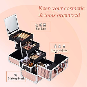 Joligrace Makeup Box 11.6-Inch Cosmetic Train Case for Women Travel Jewelry Organizer with Compartments & Mirror Portable Lockable Make-up Trunk Shiny Style
