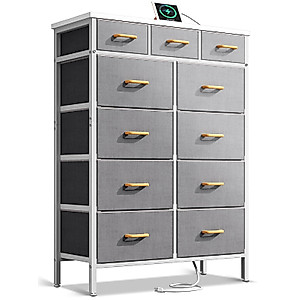Casaottima Dresser with Charging Station, 52-Inch Tall Dresser for Bedroom, Large Dresser with 11 Storage Drawers, Fabric Chest of Drawers for Living Room, Light Grey