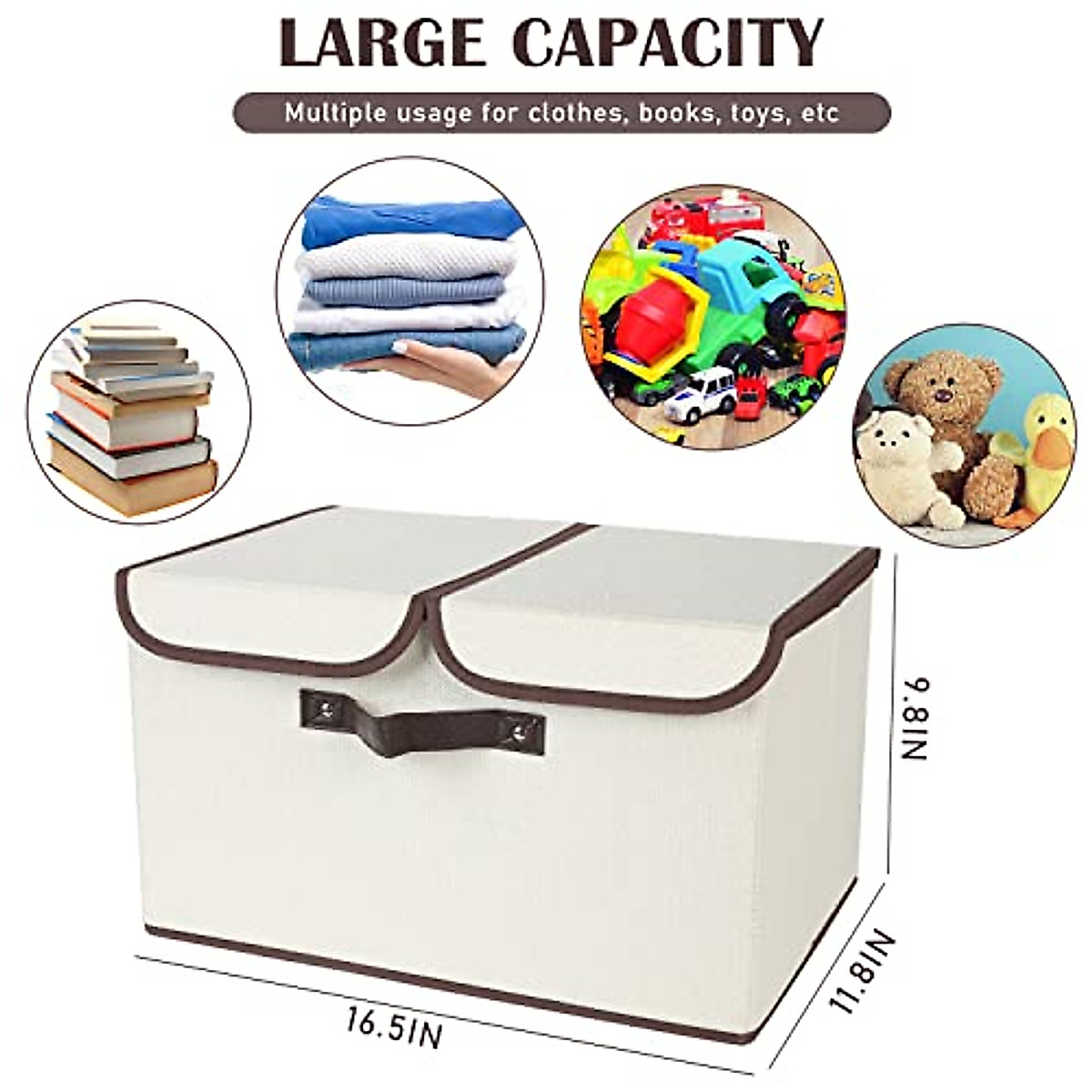ShellKingdom Large Storage bins, 2 Set Foldable Linen Fabric Storage Cubes Organizer with Lid, Leather Handles, Removable Divider for Home, Closet, Toys, Cloth Storage Boxes - 16.5x11.8x9.8'' (Beige)