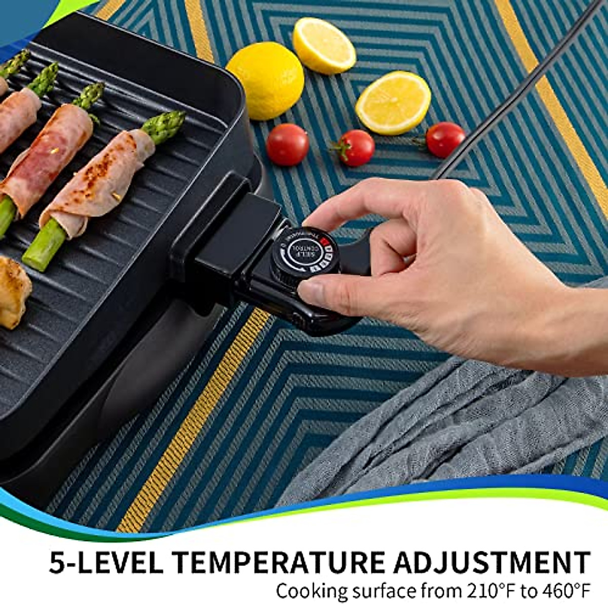 Indoor Grill Electric Korean BBQ Grill Nonstick, Removable Griddle Contact Grilling with Smart 5-Heat Temp Controller, kbbq Fast Heat Up Family Size 14 inch Tabletop Plate PFOA-Free, 1500W Black
