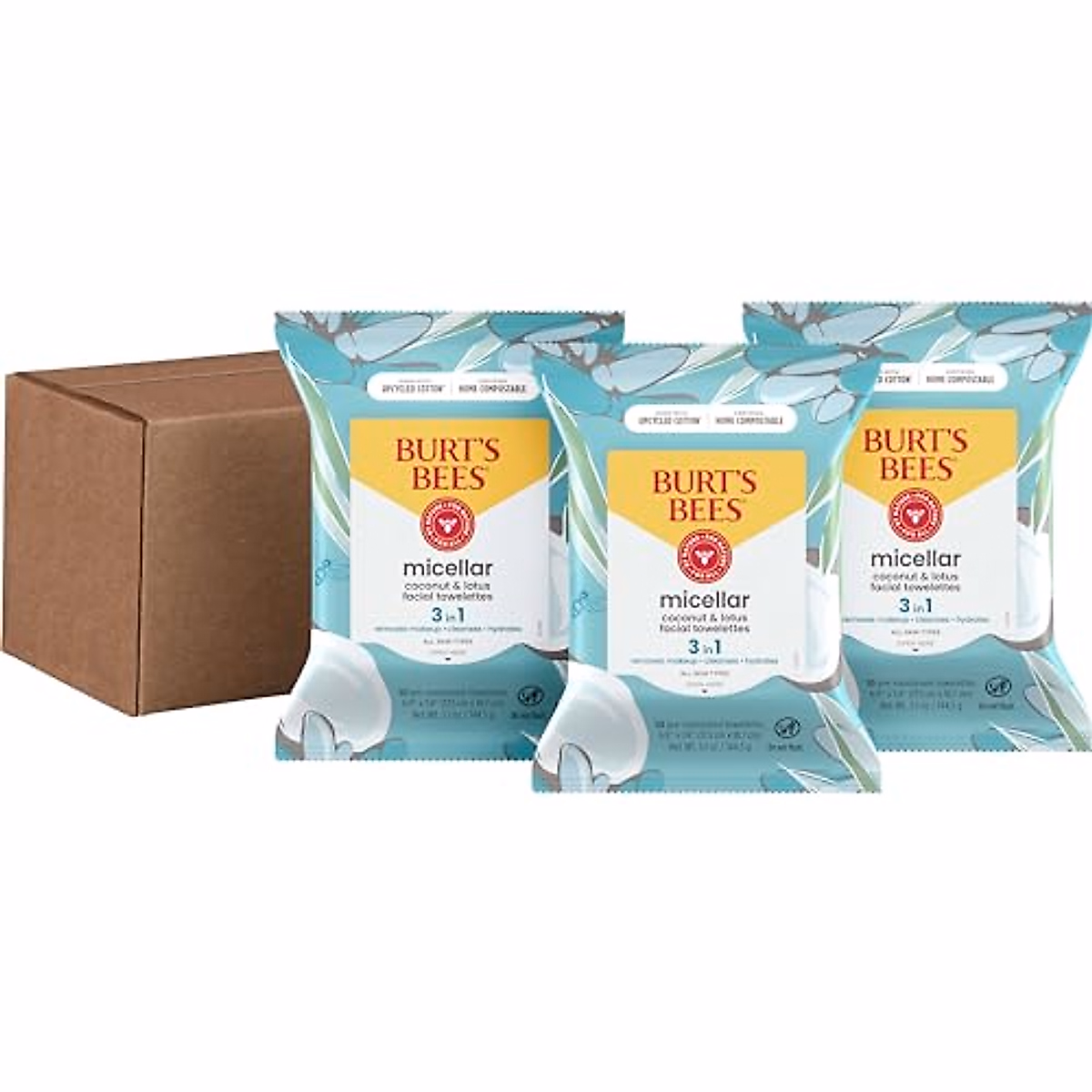 Burt's Bees Coconut & Lotus Face Wipes, for All Skin Types, College Back to School Dorm Essentials, Micellar Makeup Remover & Facial Cleansing Towelettes, 30 Ct. (3-Pack)