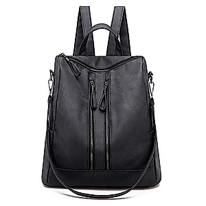 Poopy Women Multifunctional Soft Leather Handbag Purses Shoulder Backpack Crossbody Zipper Bag with Pocket (black)