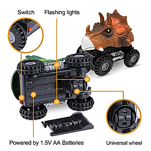 Whongkidz Dinosaur Toy Cars 2 Pack Set for Boys Girls Toddler Kids Toys Dino Car with LED Lights and Sounds Effect Automatic Dino Truck