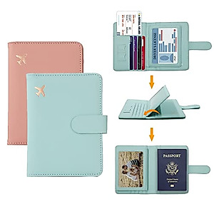 Melsbrinna 2 Pack Passport Holder,Passport Cover Case,Passport Holder with Ideal Holder for Various 4x3 Inch Cards,Rfid Blocking Travel Wallet for Family,Couples,Friends (Pink+Aqua green)