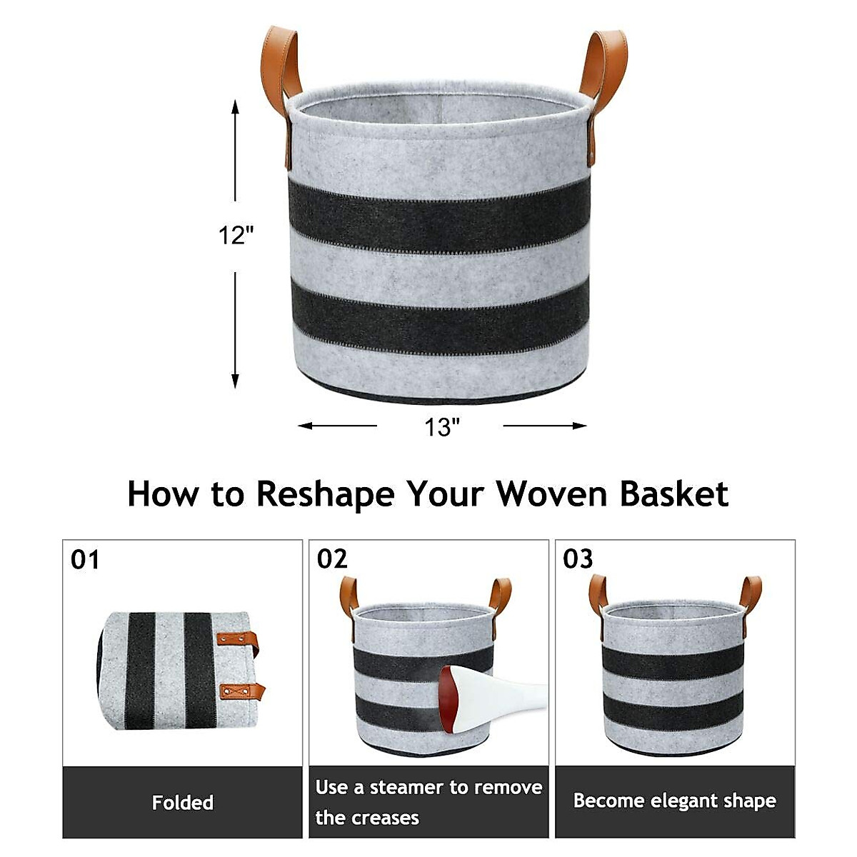 Round Storage Basket Medium Bin Towels Blanket Basket Foldable Laundry Baskets with PU Handles Felt Fabric Bins for Home, Living Room, Bathroom
