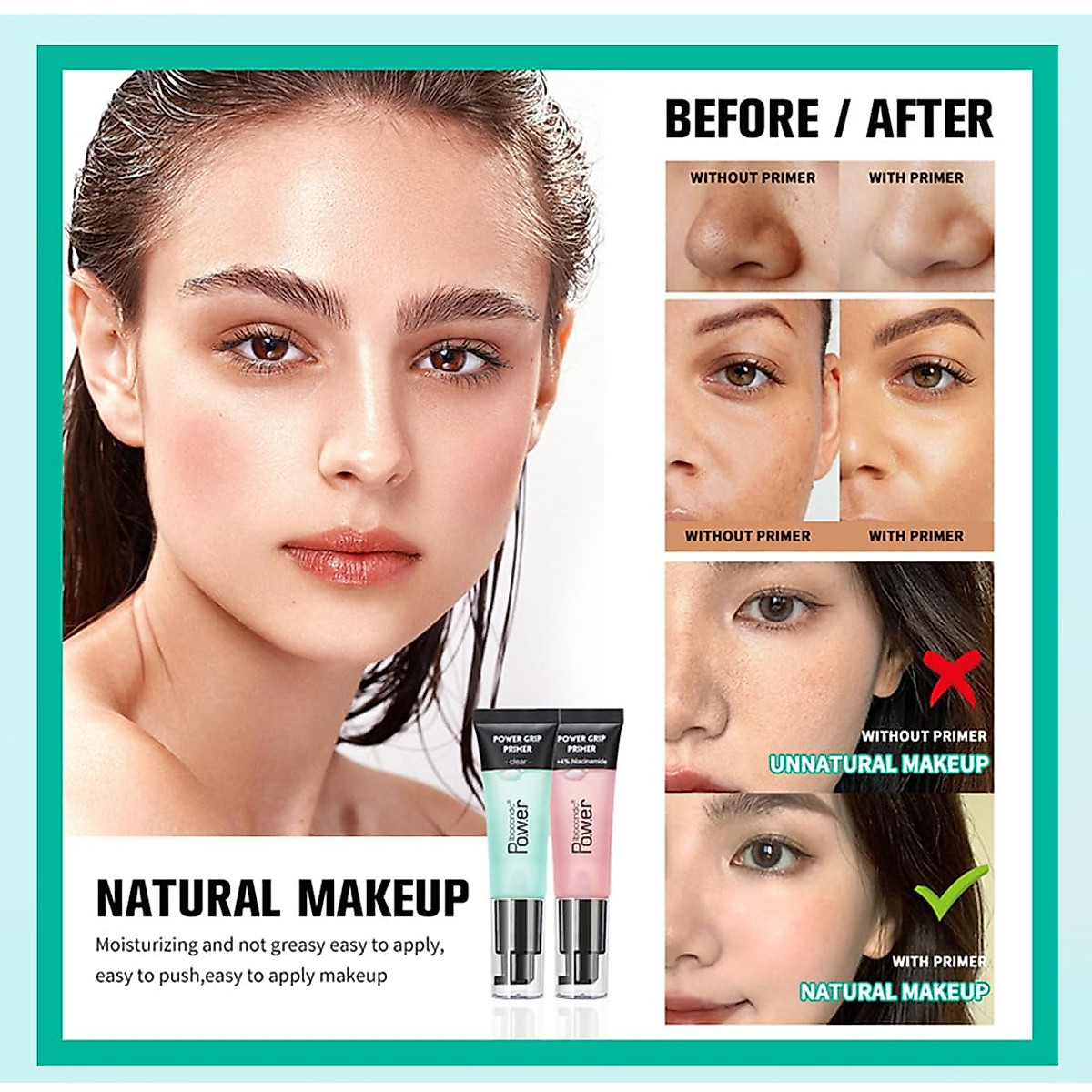 2 Pcs Power Grip Primer for Face Foundation,Hydrating Base Face Primer Gel Long-Wear Primer Foundation Face Moisturizes Makeup for Oily and Dry Skin (Evens Skin Tone+Hydrates Skin)