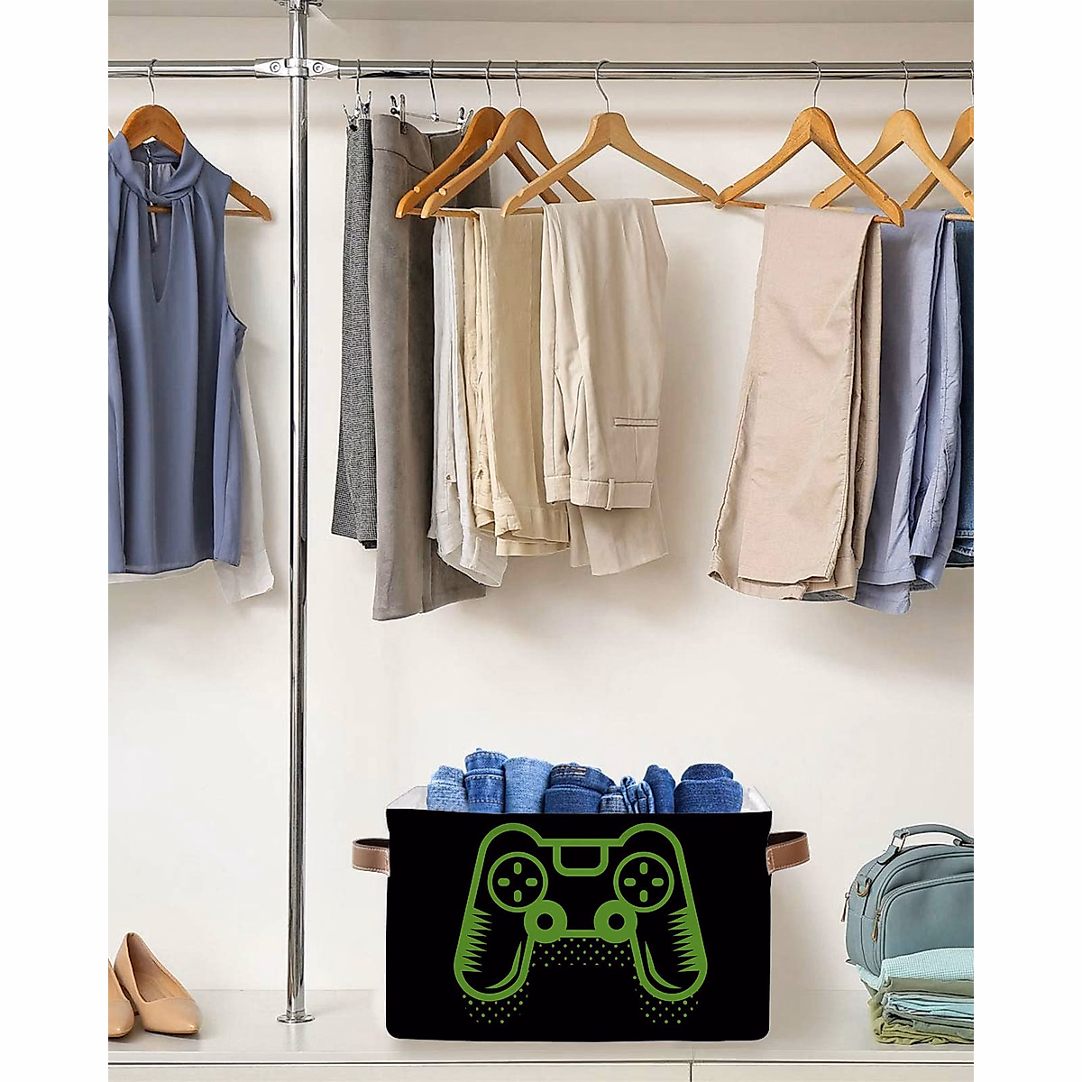 Gaming Cube Storage Organizer Bins with Handles,2-PC 15x11x9.5 Inch Collapsible Canvas Cloth Fabric Storage Basket,Green Kids Game Video Games Gamepad Controller Black Bin Boxes for Shelves