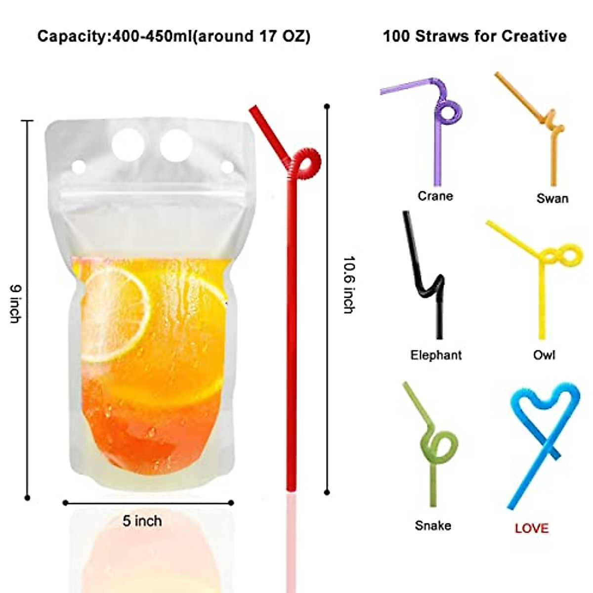 100PCS Drink Pouches with 100 Drink Straws, Reusable Smoothie Bags Juice Pouches, Heavy Duty Hand-Held Translucent Reclosable Zipper Plastic Ice Drink Pouches for Adults and Kids