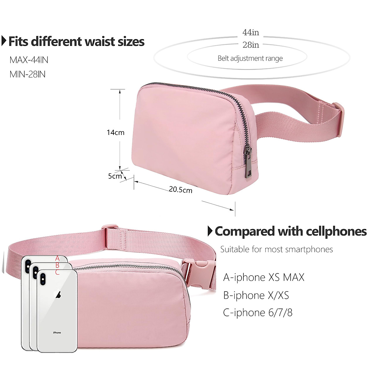Fanny Belt Bag Waist Pack Crossbody Bags Bum Bag for Running Hiking Travel Workout Adjustable Strap for Women -pink