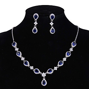 EleQueen Women's Silver-Tone Cubic Zirconia Teardrop Flower Bridal V-Necklace Sets Tennis Bracelet Dangle Earrings Sapphire Color