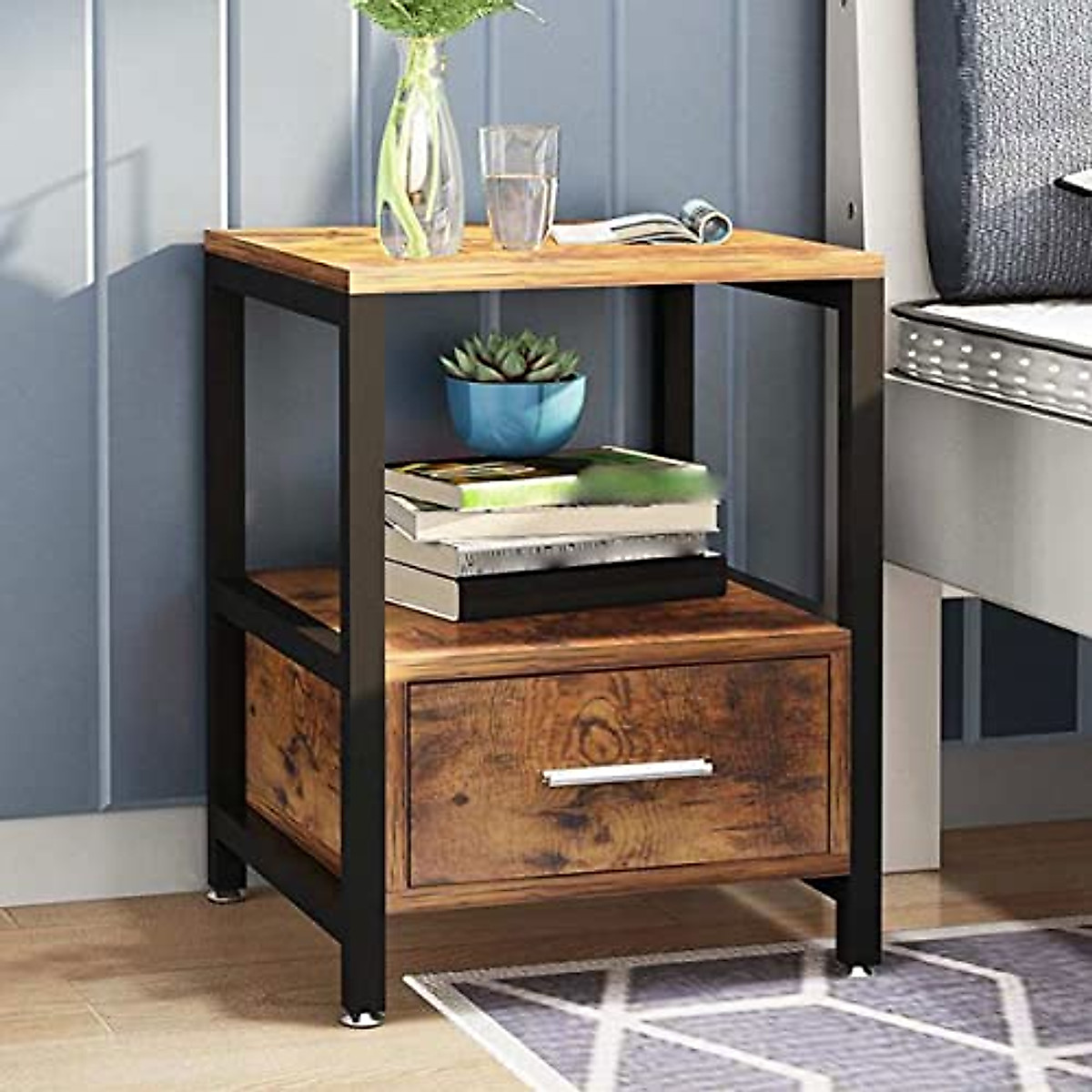 sgzyl 2 Tier Bedside Table with Drawers Side Table Antique Bedside Table with Metal Frame Wood Grain Living Room (Color : E)