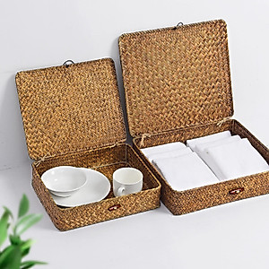 FOSSORH Set of 2 Flat Seagrass Storage Bins with Lid Wicker Storage Baskets for Organizing, Woven Shelf Organizer Bins Home Utility Organizer Box for Home & Office Supplies (Caramel)