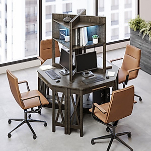 BELLEZE Corner Desk with Hutch, Compact Home Office Desk with Display Shelf and Drawer, Space Saving Writing Desk with Charge Outlets and LED Lights for Living Room, Bedroom - Tate (Brown)