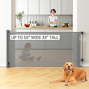Bulubaky Retractable Baby Gates Dog Gates, Sturdy Mesh Safety Child Gate, 33" Tall Extends up to 55" Wide Extra Long Sliding Gate for Doorway Hallway Stair Porch Gates for Kids or Pets Indoor Outdoor