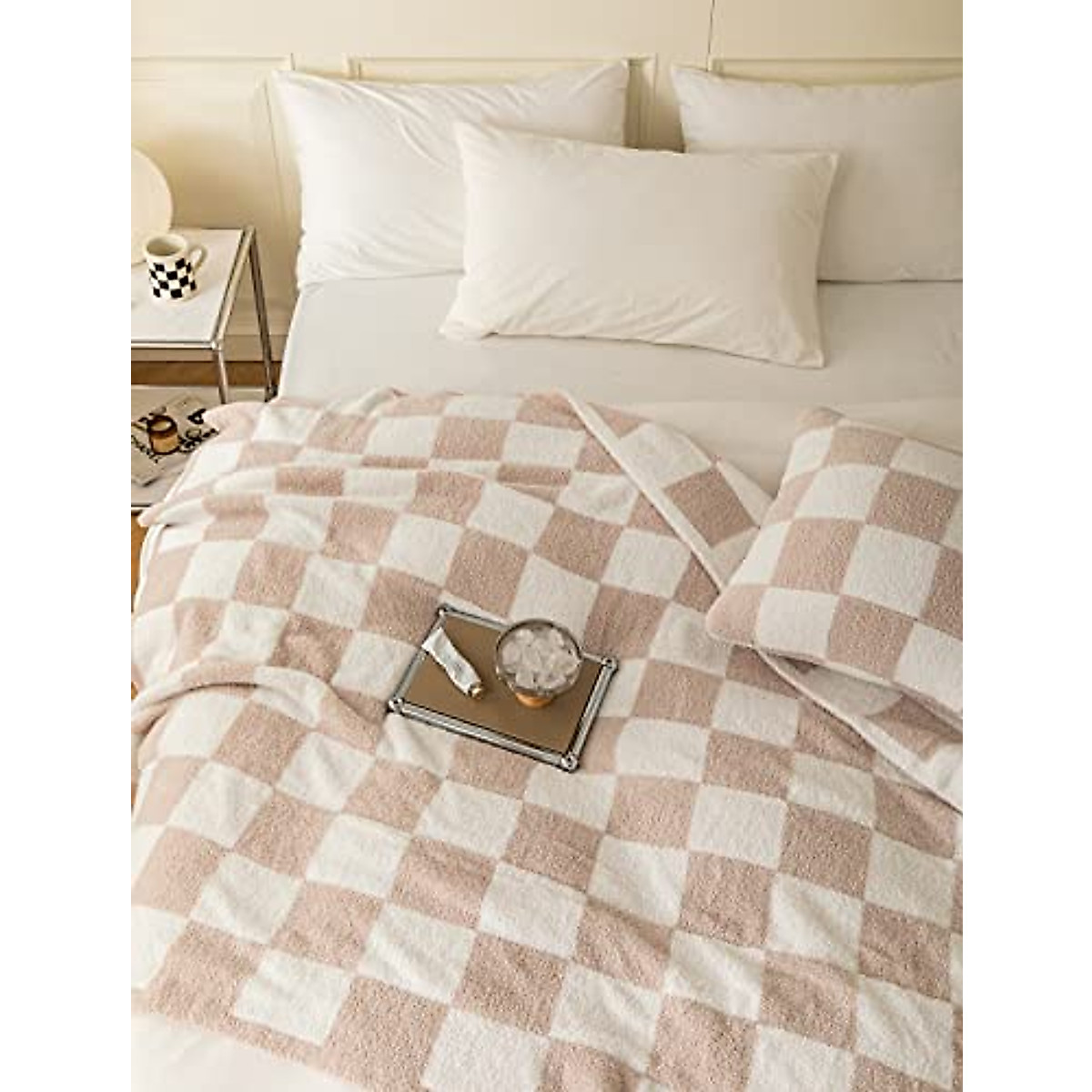 Ultra Soft Cozy Buffalo Checkerboard Grid Fluffy Microfiber Knitted Throw Blanket Lightweight Fleece Checkered Blanket for Sofa Couch Bed Travel Cream 51"X63"