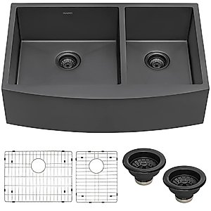 Ruvati 33-inch Gunmetal Black Stainless Steel 60/40 Double Bowl Apron-Front Farmhouse Kitchen Sink - RVH9742BL