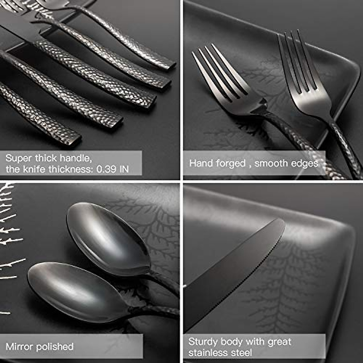 Kelenfer Flatware Set 20 Piece Black Stainless Steel Cutlery Set Forged with Hammered Handle Service for 4