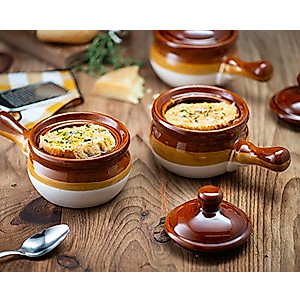 French Onion Soup Crocks with Lids, by Kook, Ceramic Bowls, Large Handles, Dishwasher, Microwave, Oven & Broil Safe, Brown/White, Set of 4, 15 oz, Puebla Collection