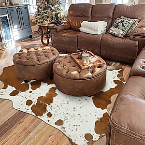 Zedrew Faux Cowhide Rugs, 5.2x6.2 Feet Large Cow Print Area Rug for Living Room Bedroom, Western Decor Carpet Animal Printed Mat for Dining Office Home Decor, Khaki