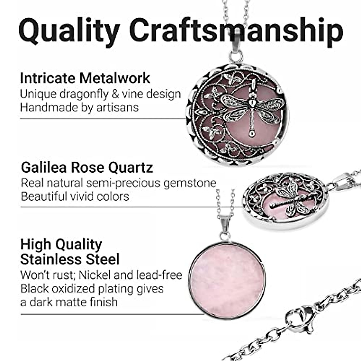 Shop LC Dragonfly Necklace - Dragonfly Jewelry Gifts for Women - Rose Quartz Healing Gemstone Pendant Necklace - 20" Necklace Length