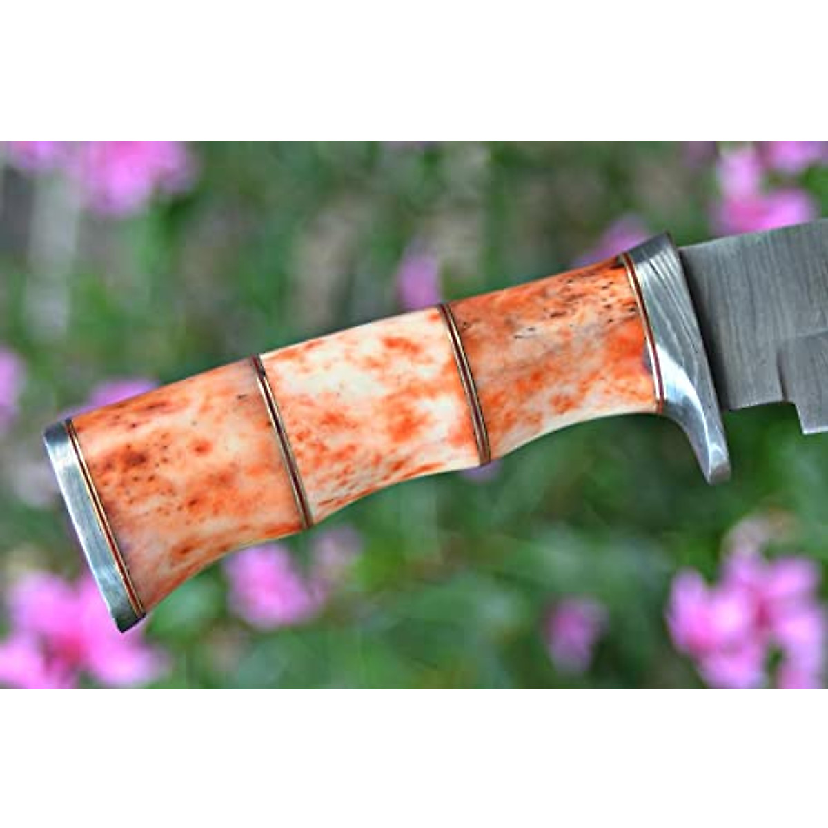 UK UNIQUE SHARP KNIVES BK-3004 Handmade Damascus Steel 12.00 Inches Damascus Steel Hunting Knife - Coloured Camel Bone Brass Spicer Handle With Damascus Gurd/pommel