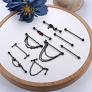 JOERICA Industrial Piercing Jewelry 14G 16G Stainless Steel Industrial Earrings with Chain Dangle Industrial Piercing Bar Double Cartilage Helix Piercing Earrings Industrial Barbell for Women Men