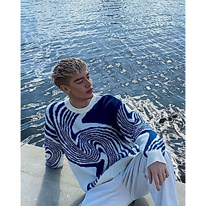 Aelfric Eden Oversized Graphic Sweater Color Block Knitted Pullover Crewneck Casual Streetwear Sweaters Blue