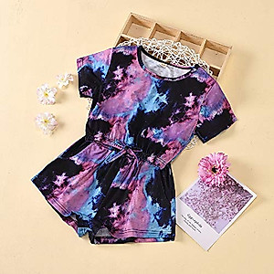 Little Girls Summer Clothes Tie-Dye Print Round Collar Short Sleeve Pullover Top+Elastic Waist Shorts 2Pcs Set Outfits (Purple, 8-9 Years)