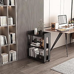 ALISENED Small Bookshelf and Bookcase, 3 Tier Wood Nightstand with Wheels, Modern Bedside End Table with Storage Rack for Bedroom, Library, Living Room, Home, Office Cart, Black