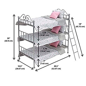 Badger Basket Toy Scrollwork Metal Triple Doll Bunk Bed with Ladder and Bedding for 18 inch Dolls - Silver/Pink