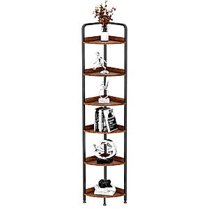 ousamili Corner Shelf Stand, 6-Tier Corner Bookshelf, Corner Plant Stand with Metal Frame Multi-Purpose Display and Storage Unit for Living Room, Home Office, Rustic Brown (6 Tier)