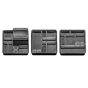 madesmart Junk Drawer Organizer Stack & Slide-CARBON COLLECTION Multi-Purpose, Stackable, Lidded Bins, Non-Slip Rubber Feet, Large