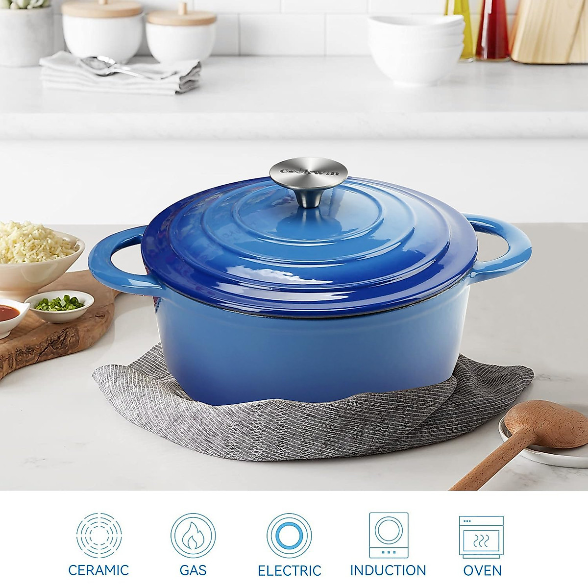 Dutch Oven Cast Iron 5 Quart Enameled Cast Iron Dutch Oven Pot with Self Basting lid Blue Heavy Duty Dutch Oven Dual Handles Porcelain Enameled Cast Iron Pot Family or Friends Gifts