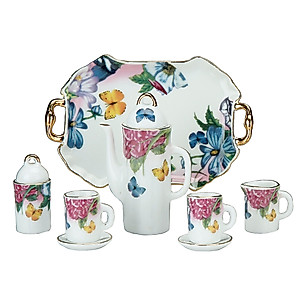 Miniature Collectible BUTTERFLIES & FLOWERS Porcelain Tea Set: Teapot, Sugar Bowl, Creamer, 2 Teacups, Serving Platter