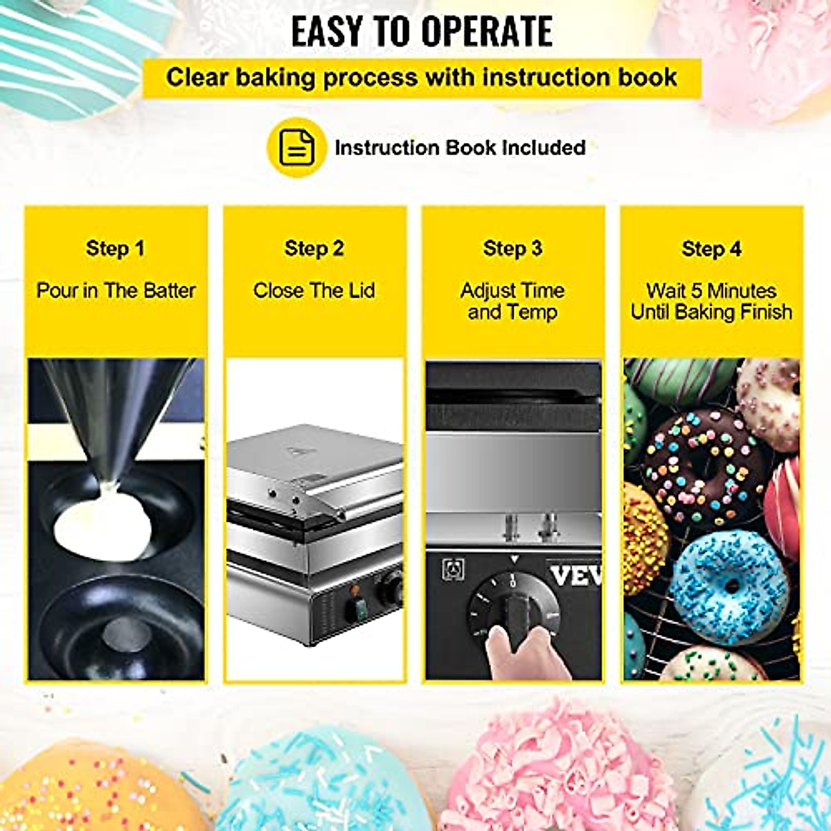 VEVOR Electric Donut Maker, 9 Holes Commercial Donut Machine, 2000W Electric Doughnut Machine, Double-Sided Heating Commercial Donut Maker, for Home & Commercial Use with Non-stick Teflon Coating