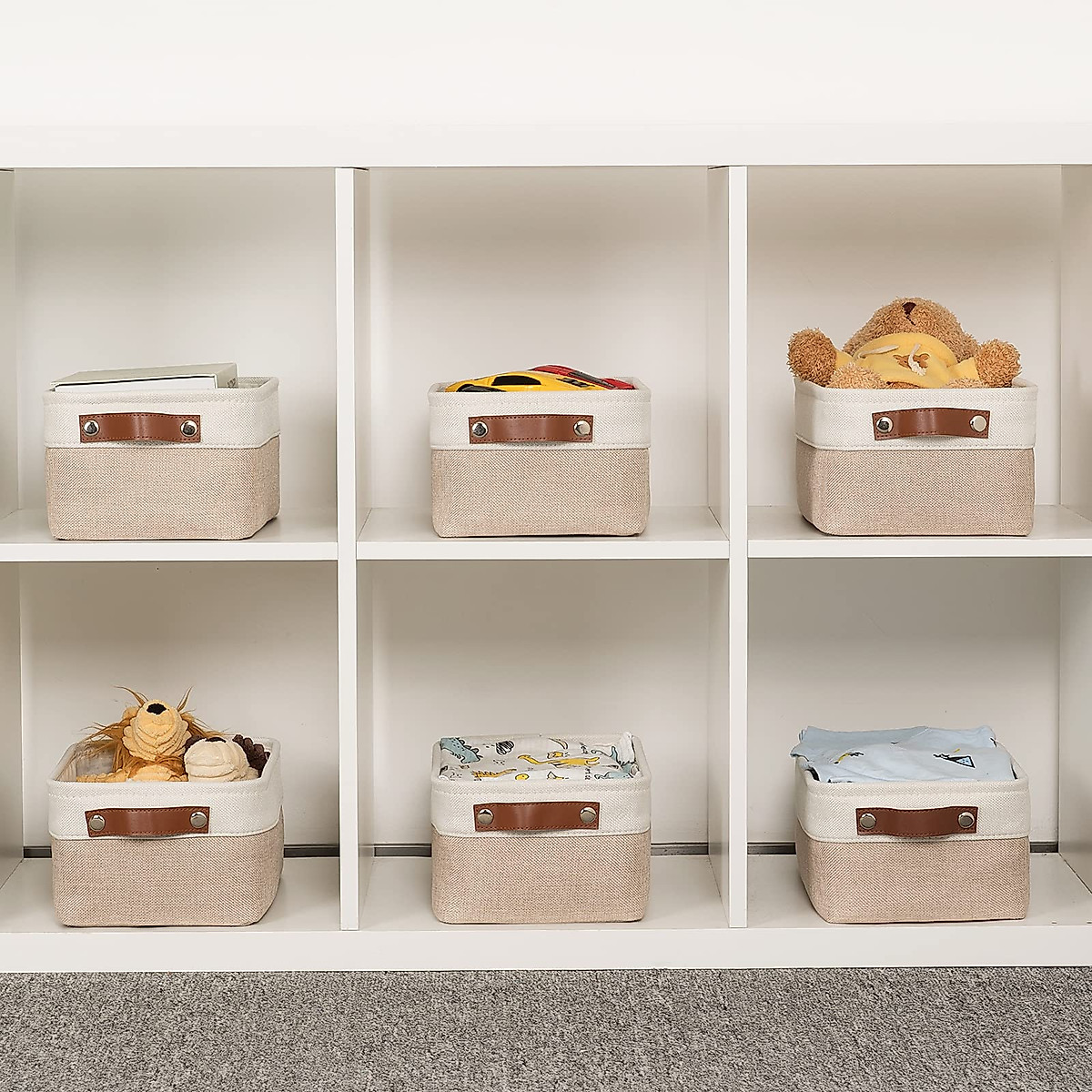 HNZIGE Small Fabric Baskets for Organizing(6 pack) Collapsible Storage Baskets for Shelves, Closets, Laundry, Nursery, Decorative Baskets for Gifts Empty (White&Khaki, 11.8" x 7.8" x 5.1")