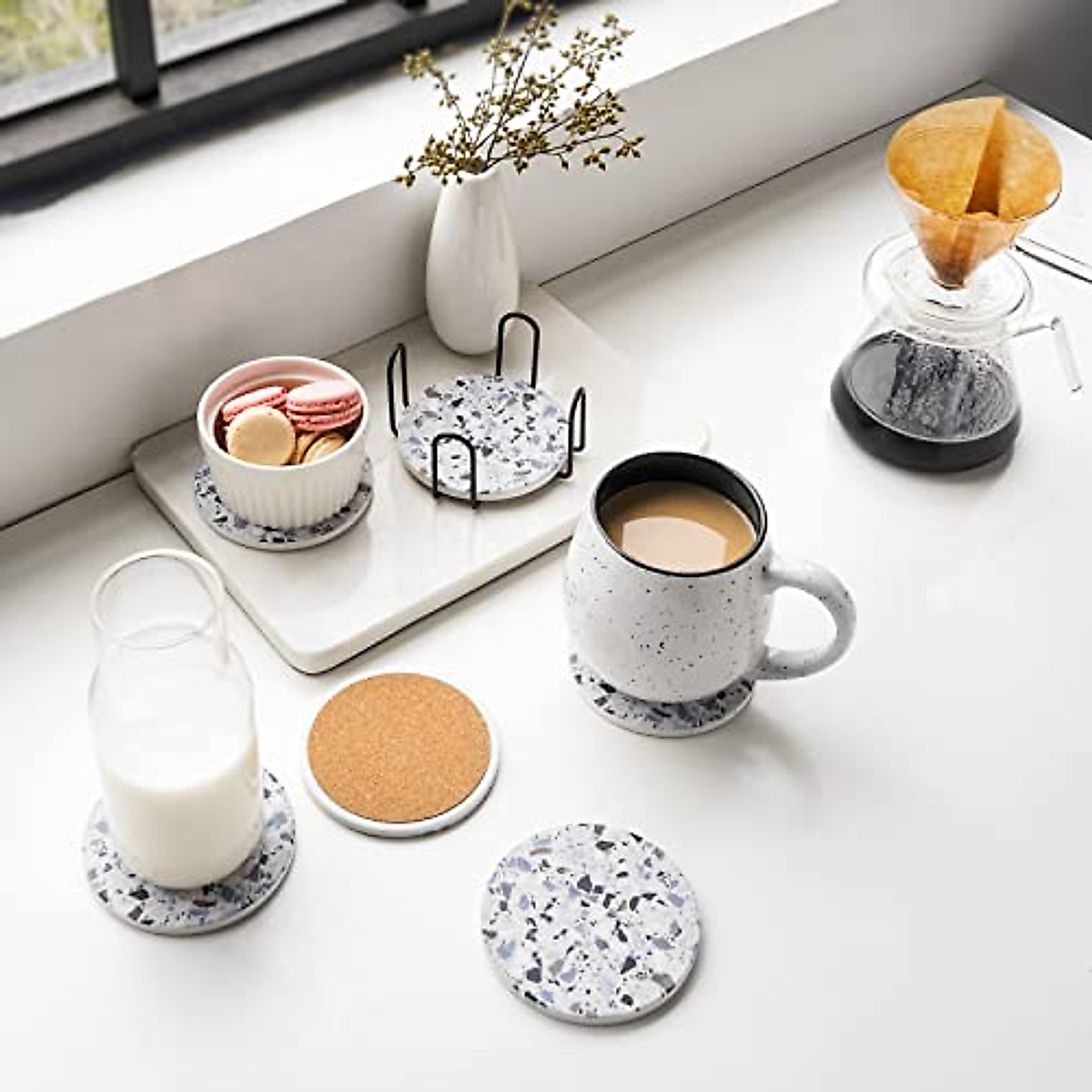 LIFVER Coasters for Drinks, Absorbent Coasters with Holder, Coasters Set of 6, Avoid Furniture Being Scratched, Funny Housewarming Gift for Home Decor and Kitchen, 4 inches, Granite-Style