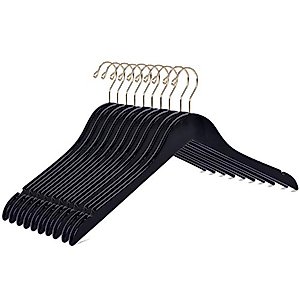 Quality Black Semi Curved Wooden Suit Hangers, 10-Pack Smooth Finish Solid Wood Coat Hanger with Swivel Hook, Jacket, Pant, Dress Clothes Hangers (Black - Gold Hook, 10)