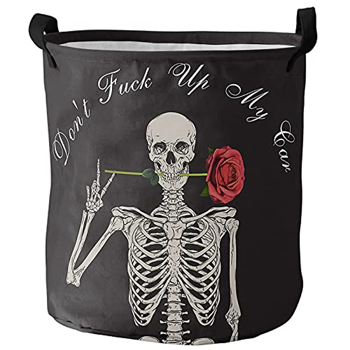 Laundry Hamper Foldable Laundry Basket, Red Roses Skeleton Waterproof Clothes Hamper for Bathroom Bedroom Living Room, Rustic Skull Victory Gesture Toy Baskets for Dollhouse 16.5"x17"