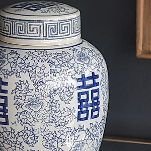 A&B Home Blue and White Ceramic Ginger Jar with Lid Ancient Chinese Oriental Style Multi Purpose