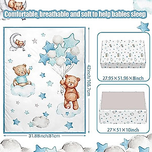 Mixweer 3 Pcs Cloud Balloon Bear Theme Crib Bedding Set for Boys Baby Nursery Mini Crib Bedding Set Comforter Sets Blue Gender Neutral Standard Size Crib Fitted Sheet, Comforter, Crib Skirt, for Girl