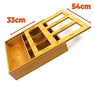 Favizzi Drawer Storage Organizer for Ziploc Bags, Premium Bamboo Kitchen Drawer Bags Organizer and Dispenser, Fits Gallon, Quart, Sandwich and Snack Bags