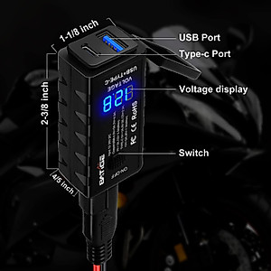 BATIGE Motorcycle USB Charger SAE to USB Adapter Type C and Quick Charge USB 3.0 with Voltmeter, ON/Off Switch and 3.6FT SAE Extension Cable Waterproof 3 Install Options for GPS Smartphone Camera