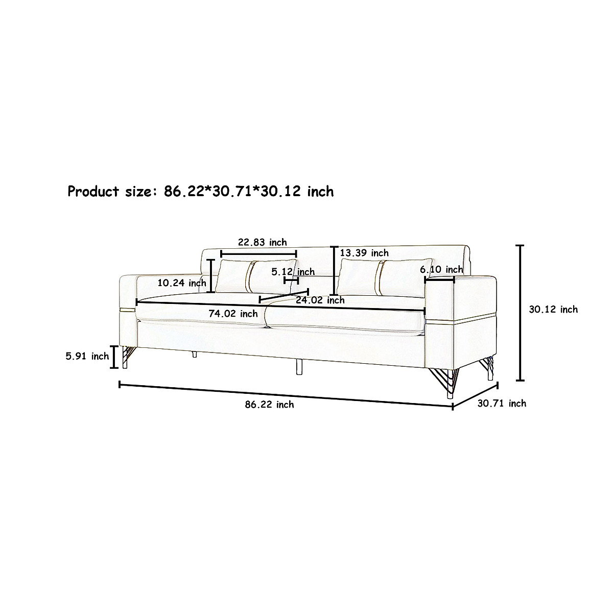 86 " Velvet couch, 3 Seater Sofa Oversized with 2 Pillows, Modern Loveseat Sofa with Armrest, Mid-Century Tufted Sofabed , Comfy Couches for Bedroom, Sofa Couch for Office,Living Room,Apartment, bige