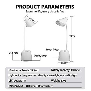 hctaw Desk Lamp LED, Desk Lamps with 3 Lighting Modes and Stepless Dimming, Desk Light 360 ° Flexible Gooseneck with Pen Holder & Mobile Phone Stand for Reading Kids Dorm (White)