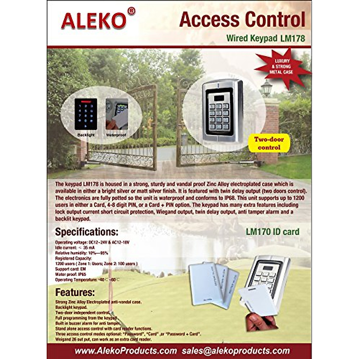 ALEKO LM178 12/24V Universal Wired Metal Alloy Water Proof Two Door Control Keypad With Backlight