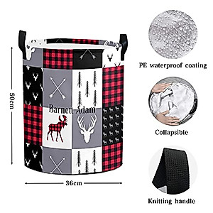 Personalized Laundry Baskets Bin, Buffalo Plaid Deer Woodland Laundry Hamper with Handles, Collapsible Waterproof Clothes Hamper, Laundry Bin, Clothes Toys Storage Basket for Bedroom, Bathroom, College Dorm 50L