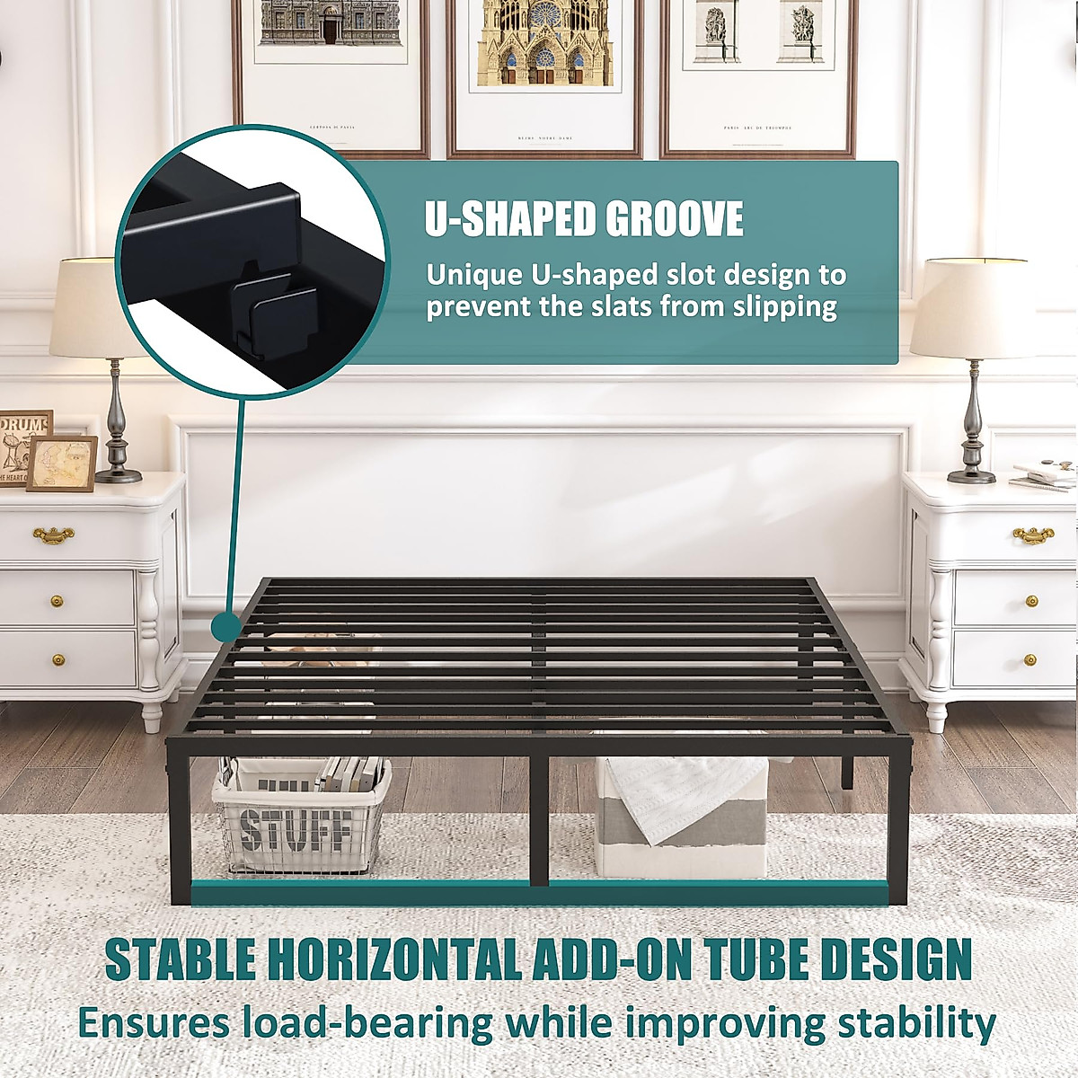 Yitong Angel King Bed Frame, 14 Inch High 3500 lbs Metal Platform, Mattress Foundation with Steel Slat Support/No Box Spring Needed/Noise Free/Non-Slip/Easy Assembly