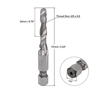 uxcell Combination Drill and Tap Bit, 1/4" Hex Shank M5 x 0.8 Metric Uncoated High Speed Steel 4341 Spiral Flute Drilling Tapping Tool